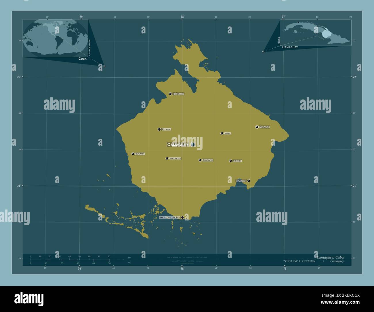 Camaguey, Provinz Kuba. Einfarbige Form. Orte und Namen der wichtigsten ...