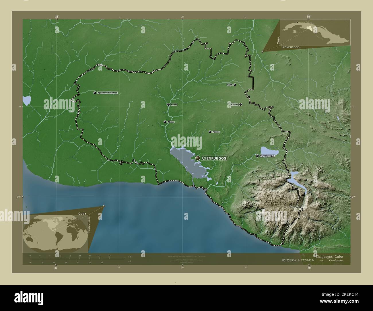 Cienfuegos, Provinz Kuba. Höhenkarte im Wiki-Stil mit Seen und Flüssen ...