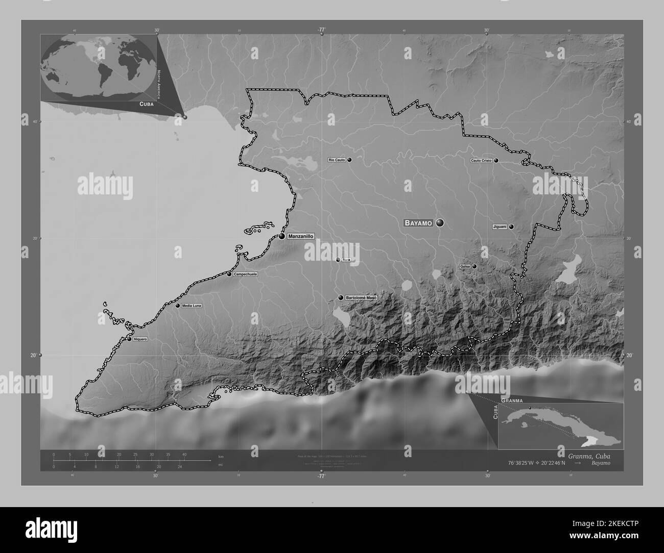 Granma, Provinz Kuba. Höhenkarte in Graustufen mit Seen und Flüssen ...