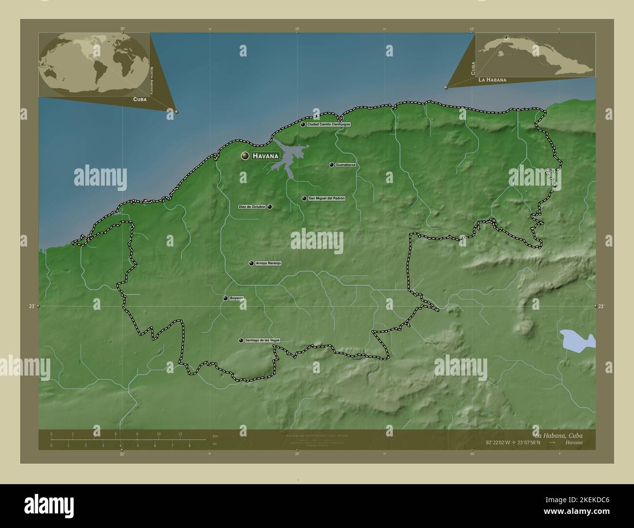 La Habana, Provinz Kuba. Höhenkarte im Wiki-Stil mit Seen und Flüssen ...