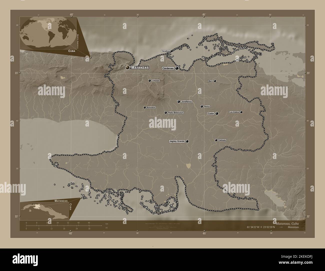 Matanzas, Provinz Kuba. Höhenkarte in Sepia-Tönen mit Seen und Flüssen ...