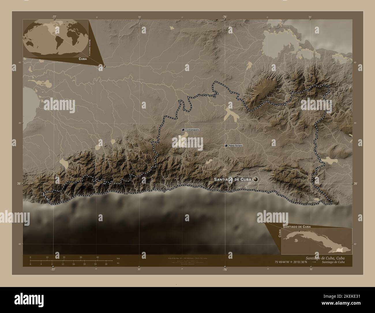 Santiago de Cuba, Provinz Kuba. Höhenkarte in Sepia-Tönen mit Seen und ...