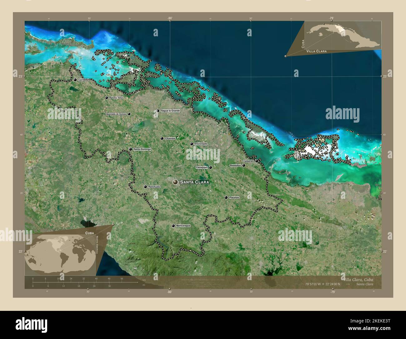 Villa Clara, Provinz Kuba. Hochauflösende Satellitenkarte. Orte und ...