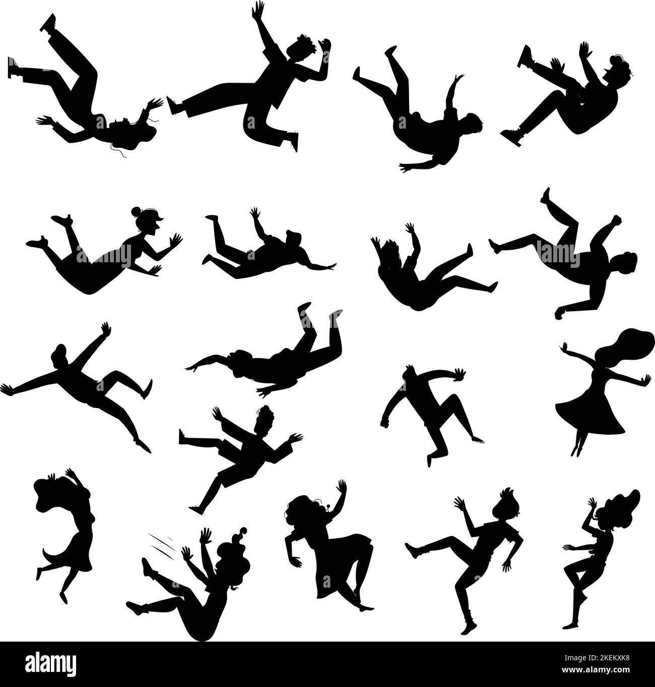 Ein bearbeitbarer Satz illustrierter Silhouetten fallender Menschen auf ...