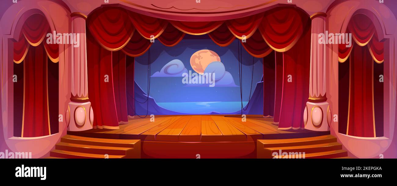 Theaterbühne mit roten Vorhängen, Holzboden und Dekoration der ...