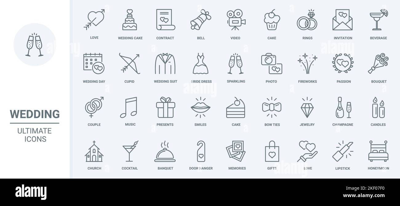 Hochzeit dünne Linie Symbole setzen Vektor-Illustration. Umriss Ringe ...