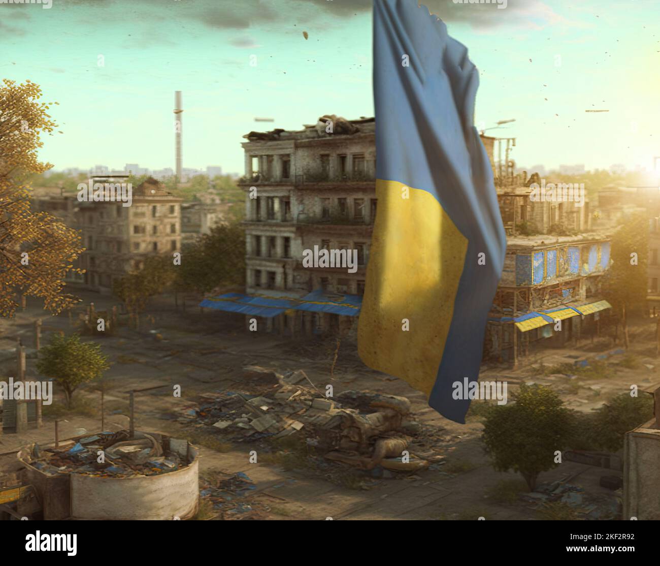 Eine illustrierte Szene der ukrainischen Widerstandsarmee Flagge, die ...
