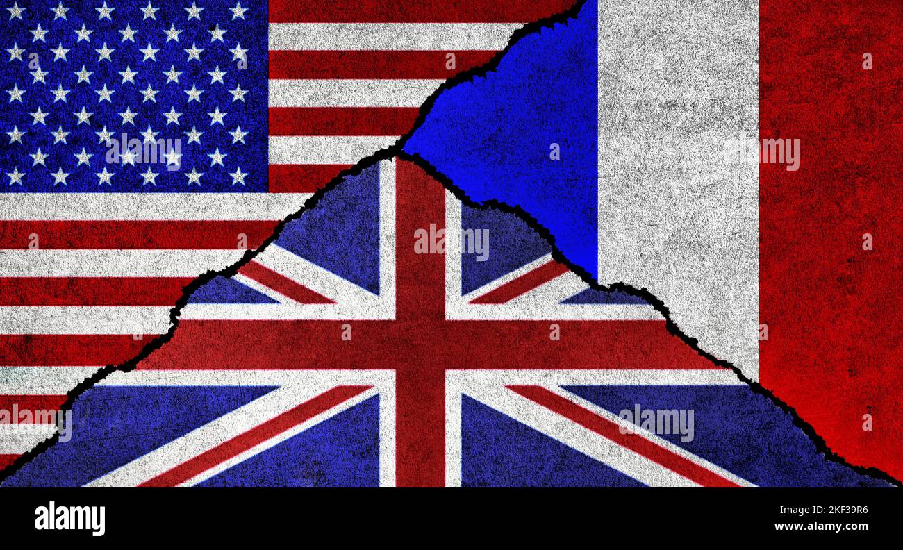 Die Flagge der USA, des Vereinigten Königreichs (UK) und Frankreichs ...