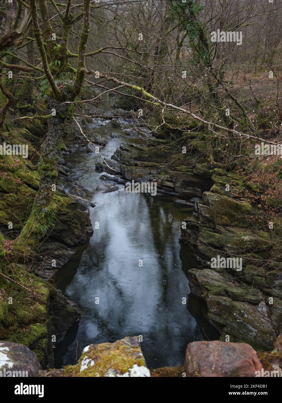 Blick flussabwärts von der Brücke über den Fluss Cur bei Balliemeanoch ...