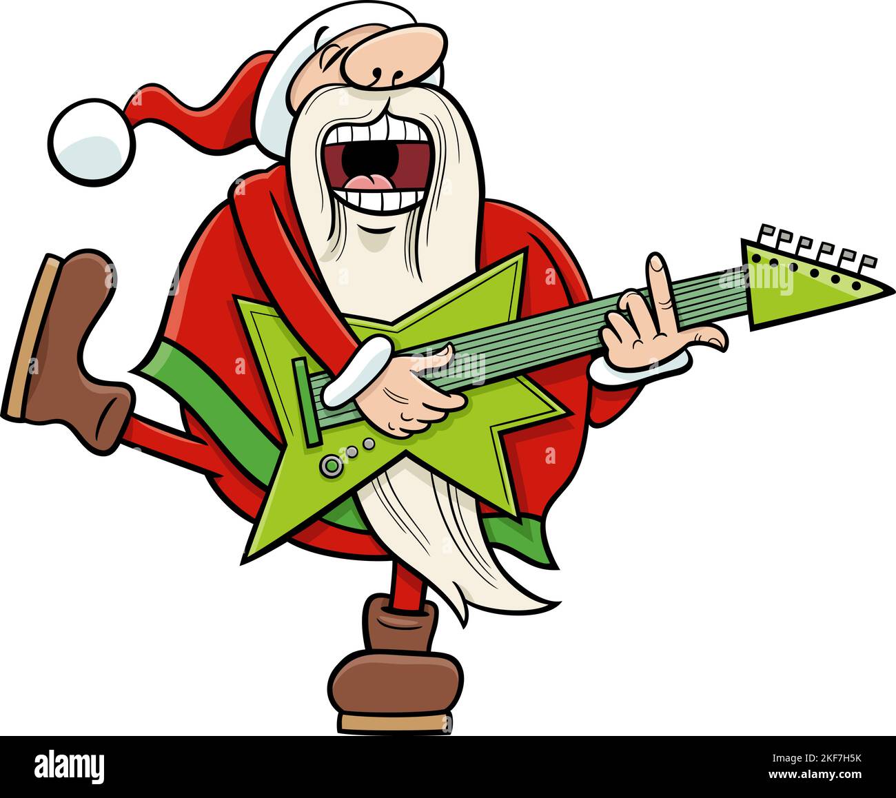 Cartoon-Illustration des Weihnachtsmanns, der E-Gitarre spielt und in ...