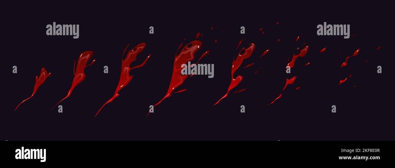 Blut Spritzer Animation Sprite Blatt, Cartoon rote Flüssigkeit wirbelt ...