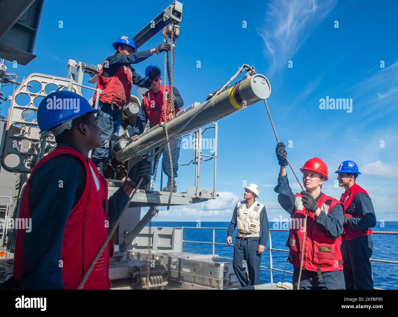 220902-N-GP384-1176 ATLANTIK (SEP. 2, 2022) Seeleute laden ein MK53-Decoy Launch System (DLS ...
