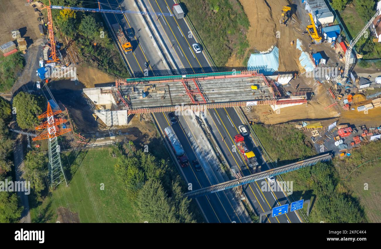 Luftaufnahme, Baustelle mit neuer Brückenkonstruktion Hertinger Straße über Autobahn A44, Unna ...