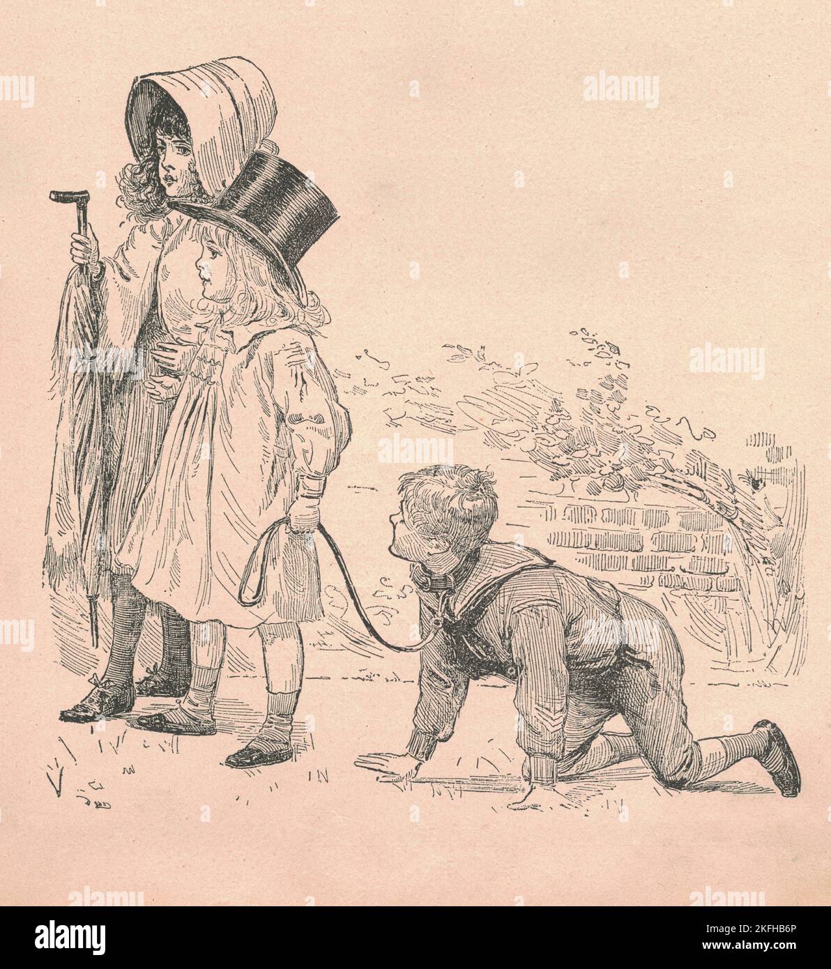 Schwarz-weiß antike Illustration zeigt kleine Mädchen und Jungen ...