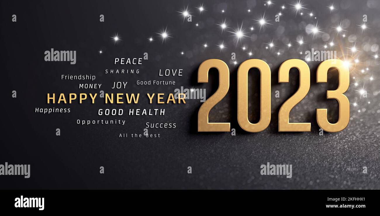 Frohe Neujahrsgrüße und die 2023-Datumsnummer in Gold, auf einer ...