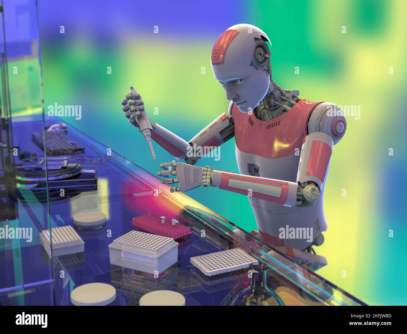 Humanoider Roboter, der im Labor arbeitet, konzeptuelle Illustration ...