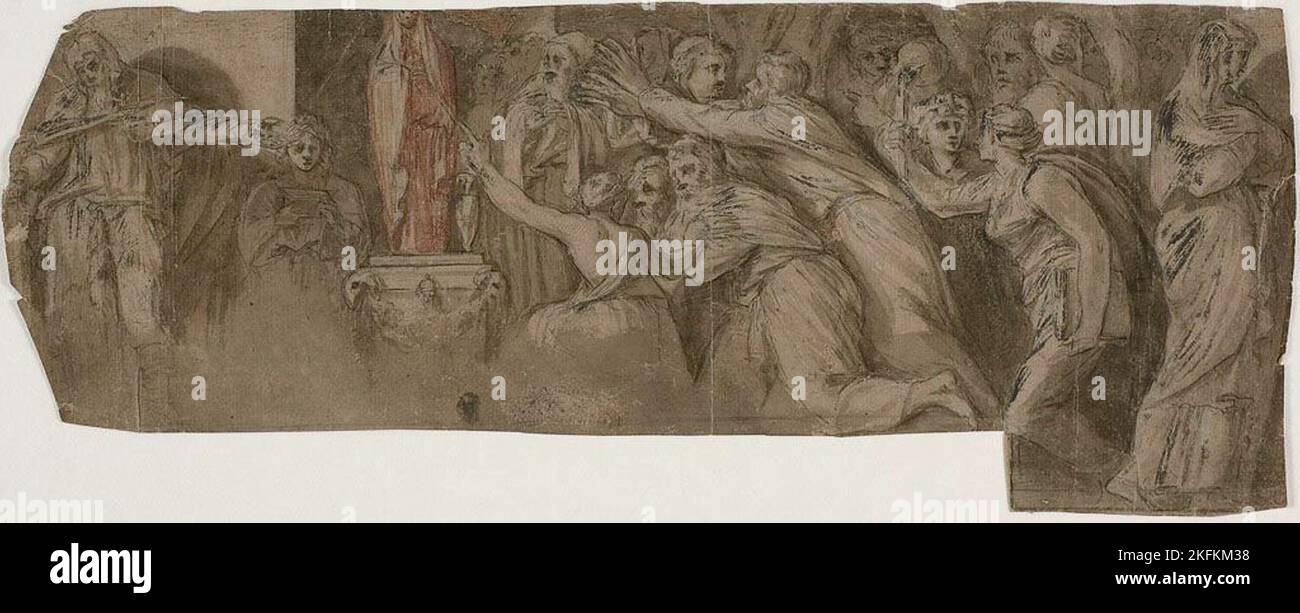 Geschichte von Niobe: Priester und Anbeter vor einer Statue von Niobe ...
