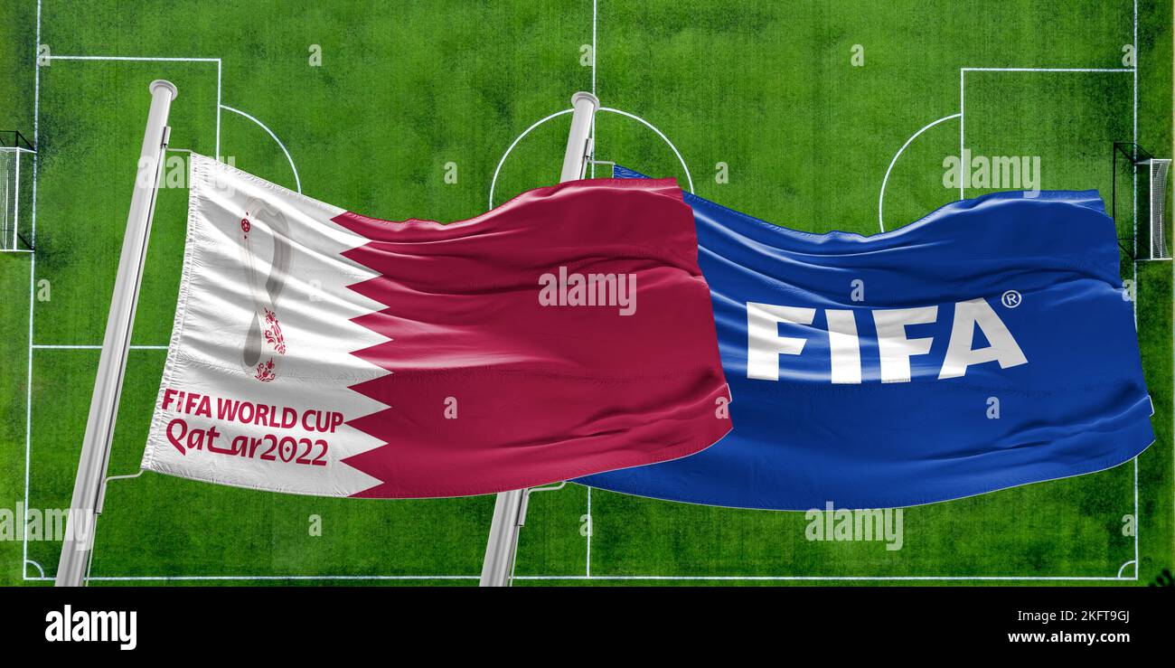 Flaggen mit FIFA und Qatar 2022 WM-Logo winken im Wind. Die ...