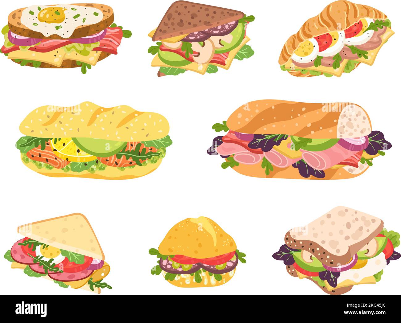 Cartoon-Sandwich. Leckere Panini mit Gemüse, Lachs und Fleisch. Crispy ...