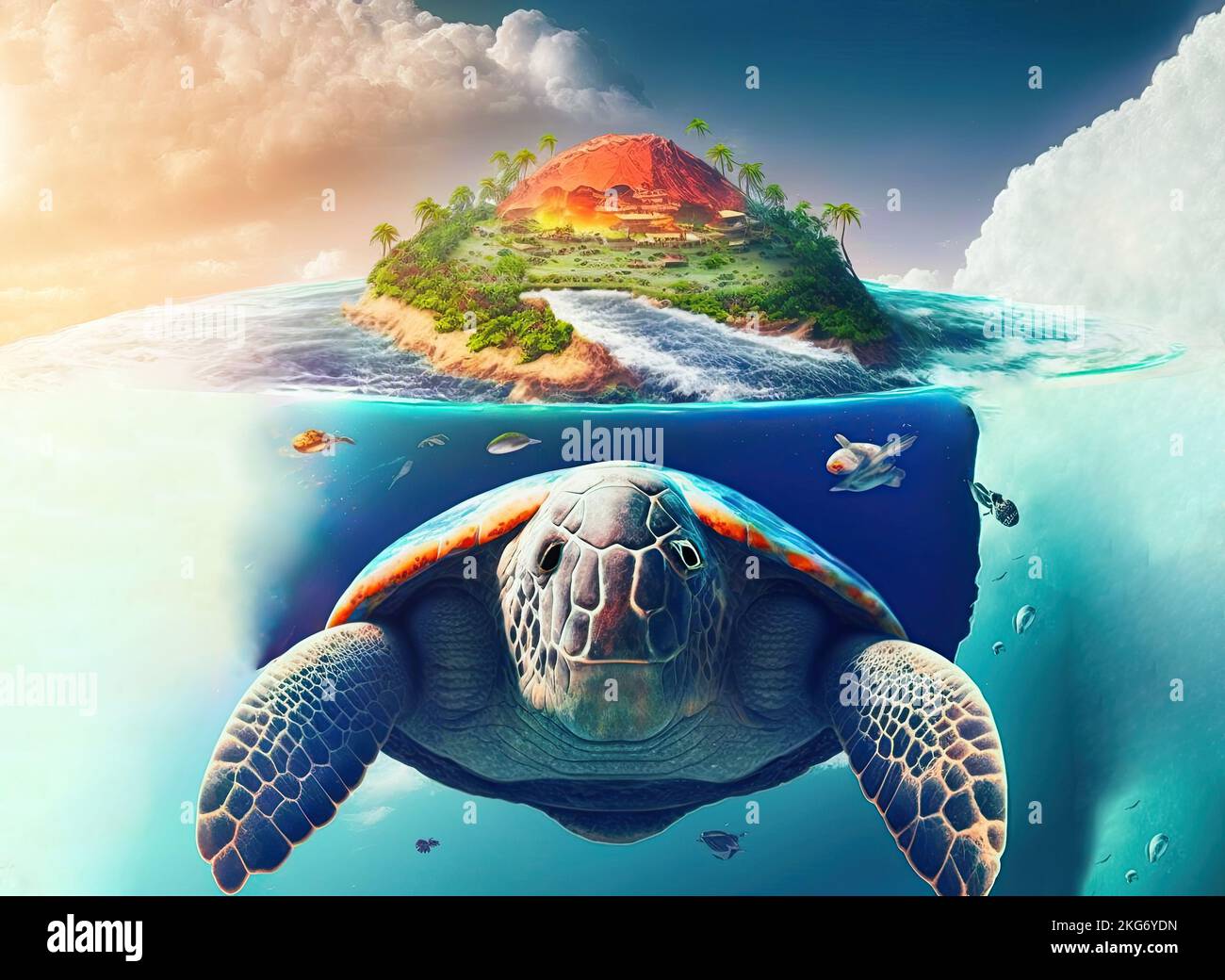 Tropische Insel mit Palmen und einem Paradiesstrand, schwimmend im Meer ...