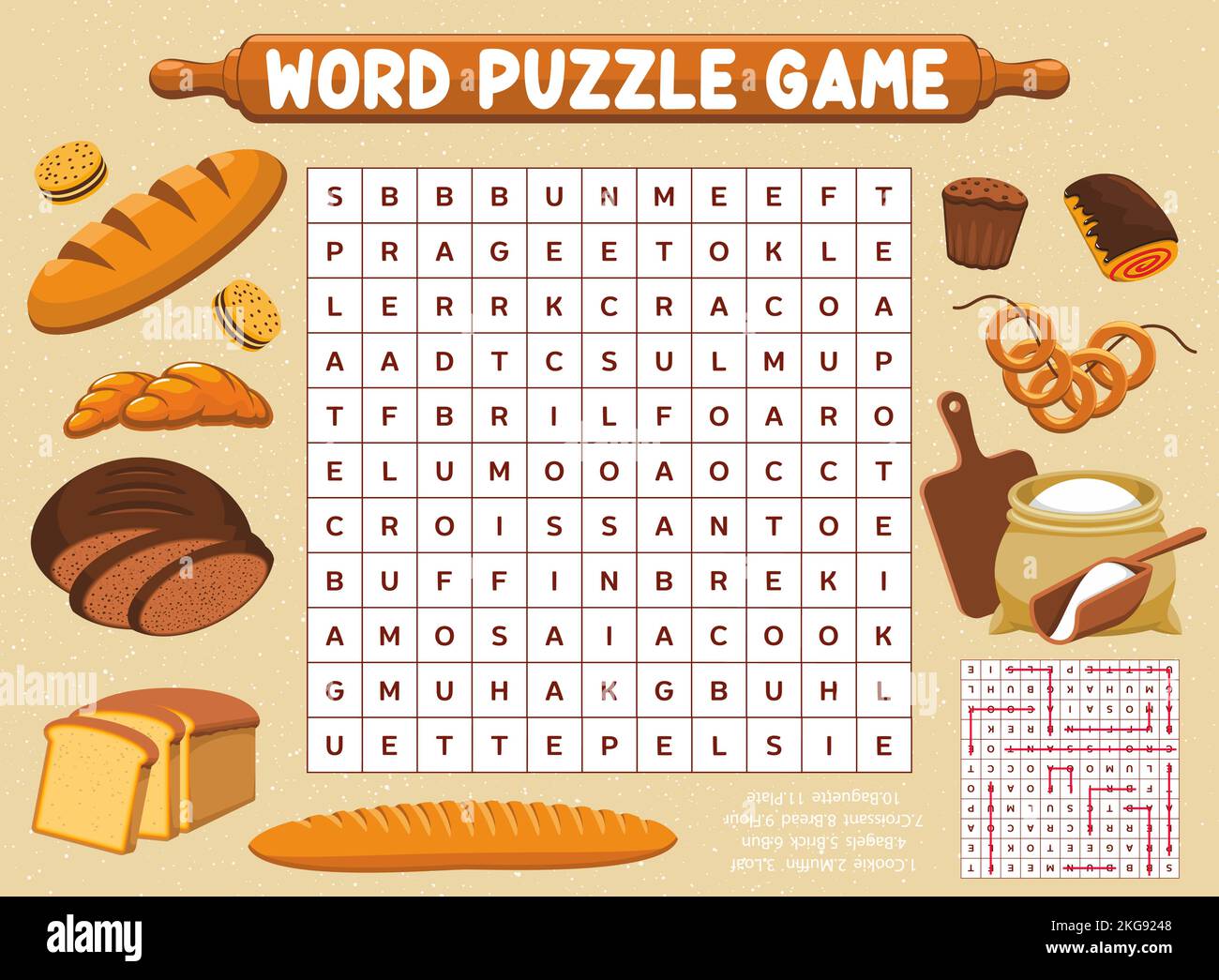 Mehl, Brot und Bäckerei Wortsuche Puzzle-Spiel Arbeitsblatt, Kinder ...