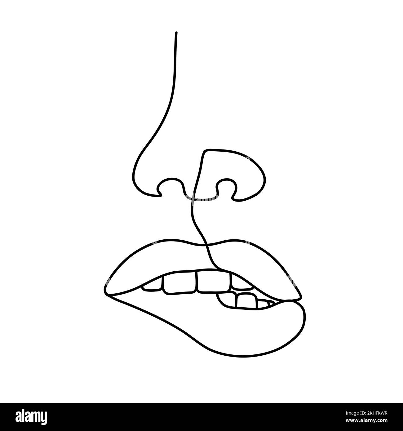 Weibliche Lippen und Nase in einzeiliger Zeichenform. Eine Frau beißt ...