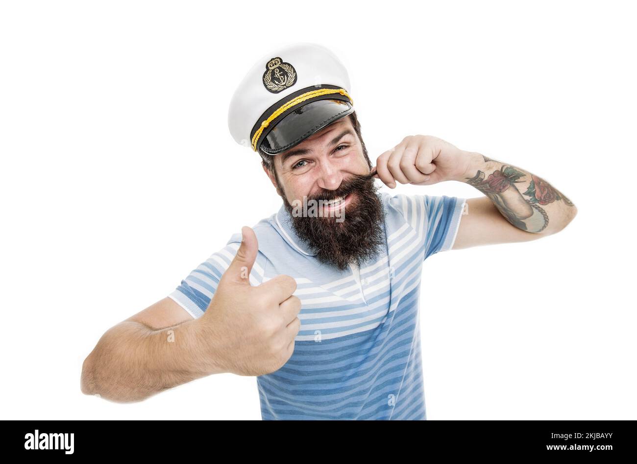 Kapitän des Kreuzfahrtschiffes. Brutaler Seemann isoliert auf Weiß ...