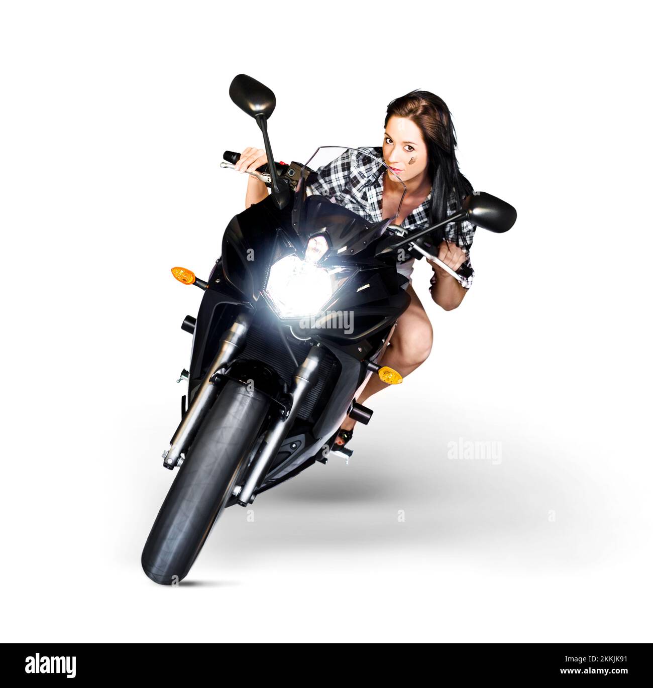 Studiofoto einer gut aussehenden Frau auf dem Motorrad Oder Motorrad um ...