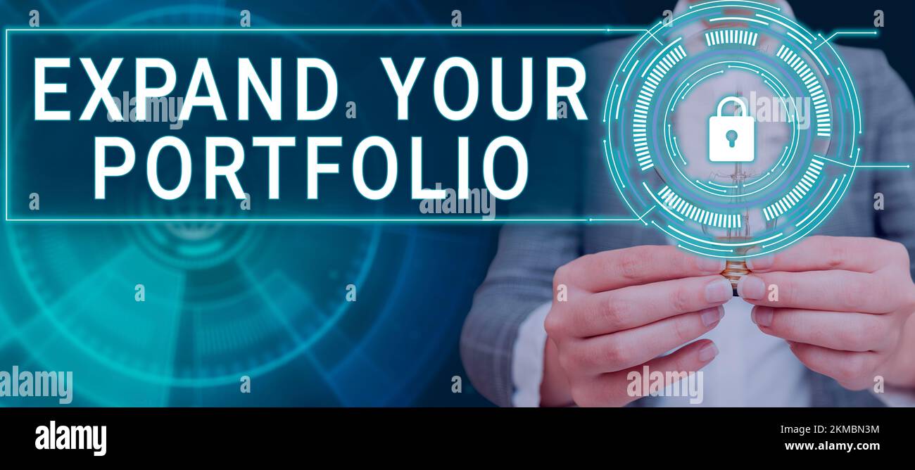 Textzeichen mit „erweitern Sie Ihr Portfolio“. Konzept Bedeutung ... Textzeichen mit „erweitern Sie Ihr Portfolio“. Konzept Bedeutung ...