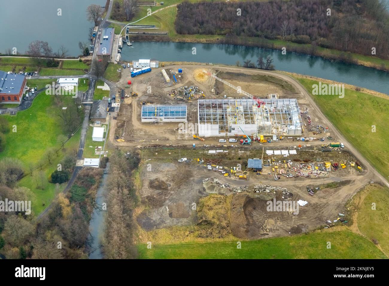 Luftaufnahme, Baustelle mit neuer Vorpumpstation und Trinkwasseraufbereitungsanlage (WAA) im ...