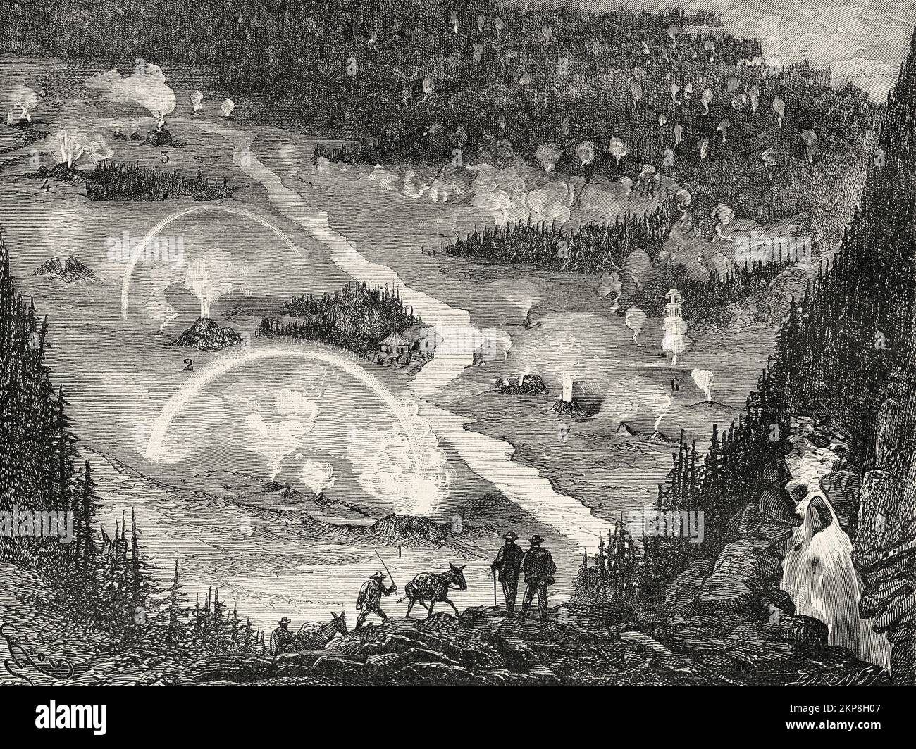 Panorama des Firehole Valley in Yellowstone: 1 Old Faithful, 2 Castle ...