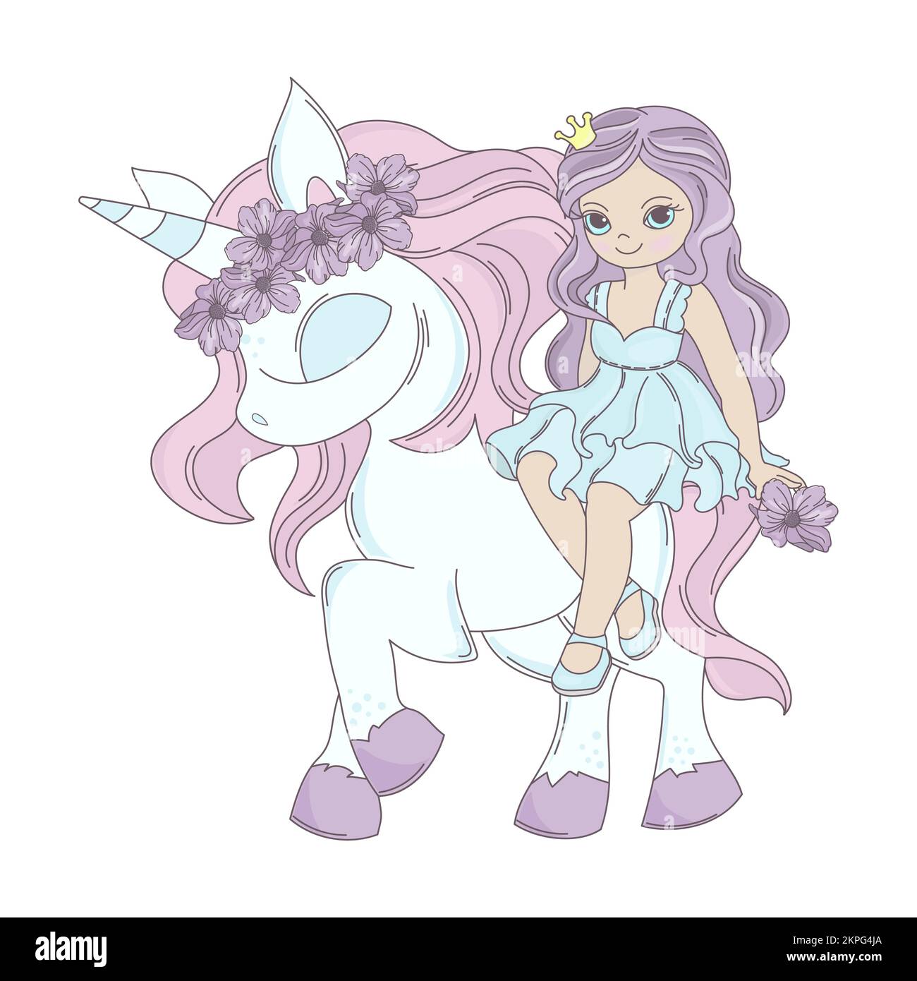 EIN EINHORN-FREUND von Prinzessin Girl in Crown mit langem lila Haar ...