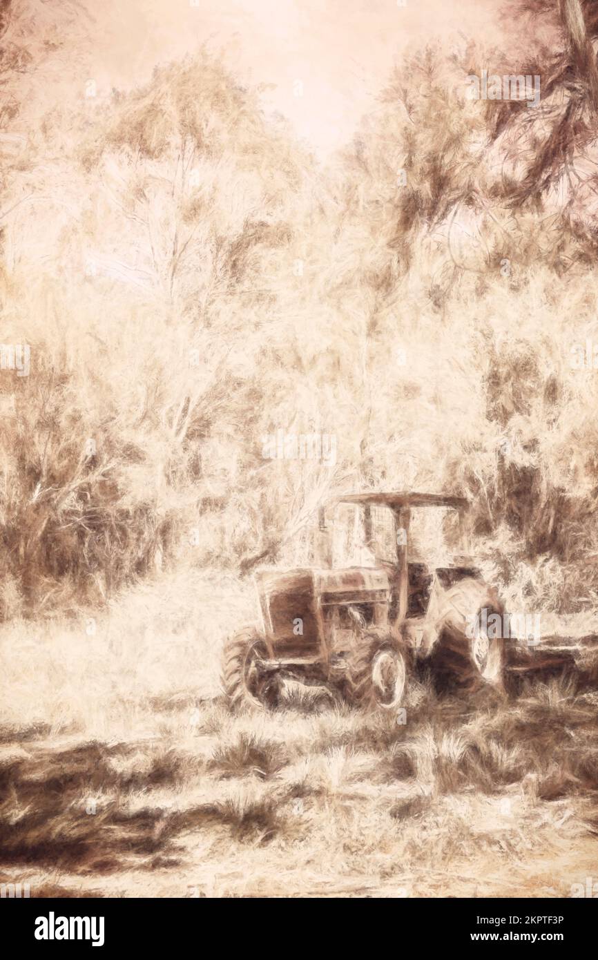 Kreativer Vintage-Traktor auf dem Bauernhof, digital gezeichnet in ...