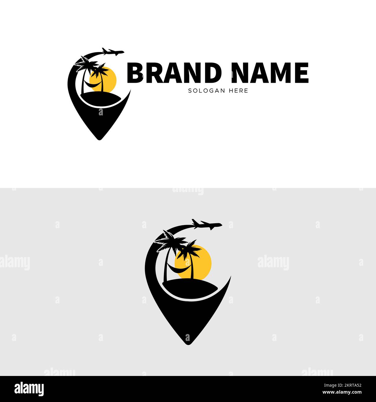 Tour- und Reisebüro Logo mit Flugzeug, Palmen und Standort. Logo ...