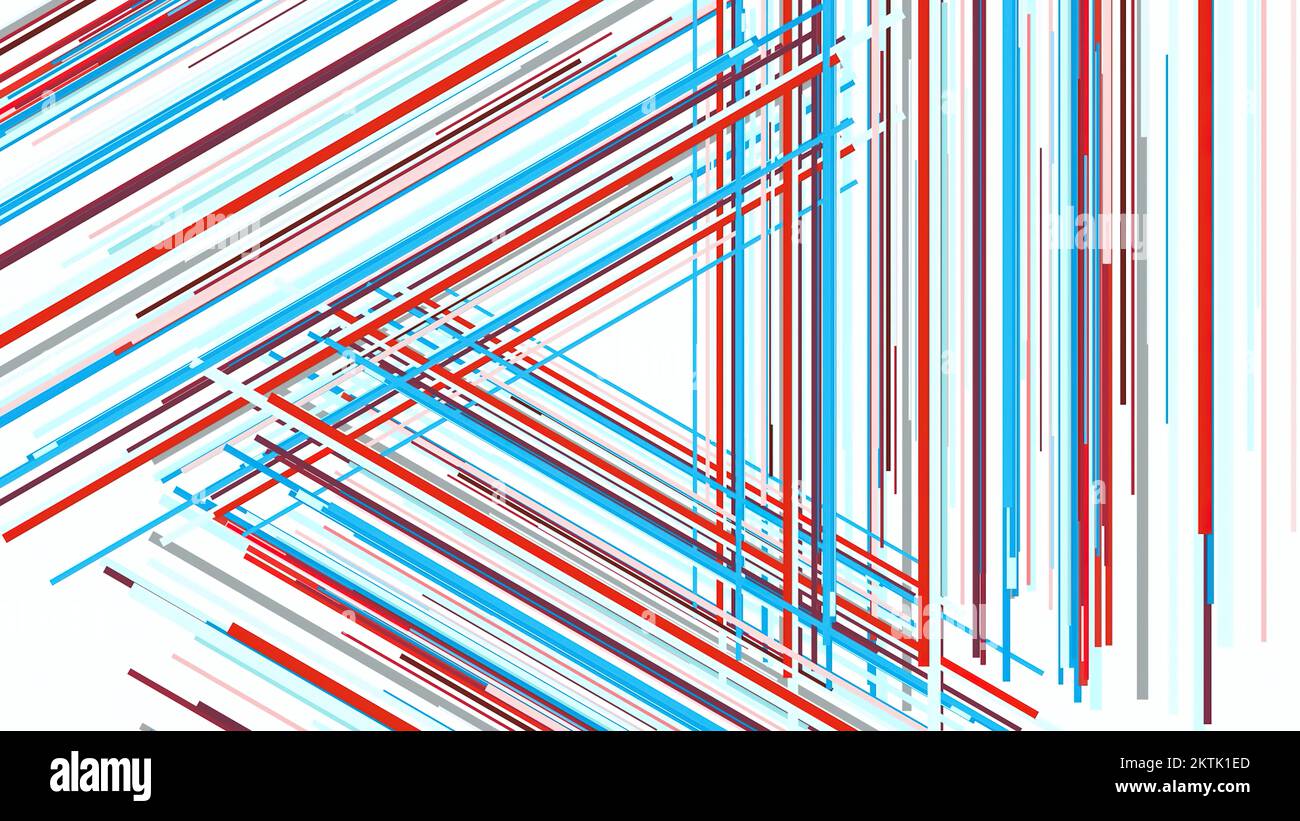 Violetter und weißer Hintergrund. Bewegung. Dünne mehrfarbige Linien bilden ein Dreieck in der ...