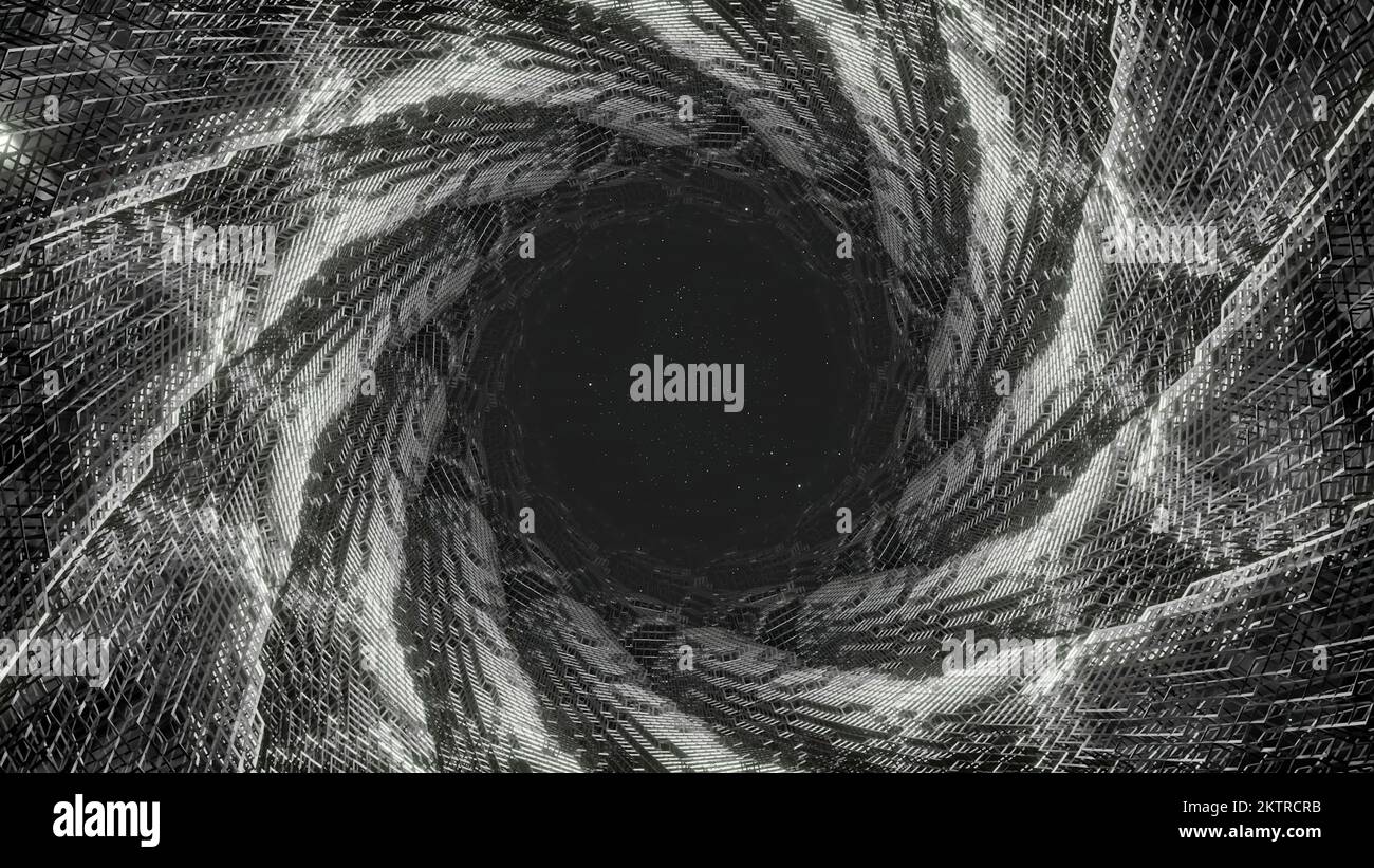 Dunkler Tunnel. Design. Schwarzer Nerz mit verdrehten 3D-Linien ...