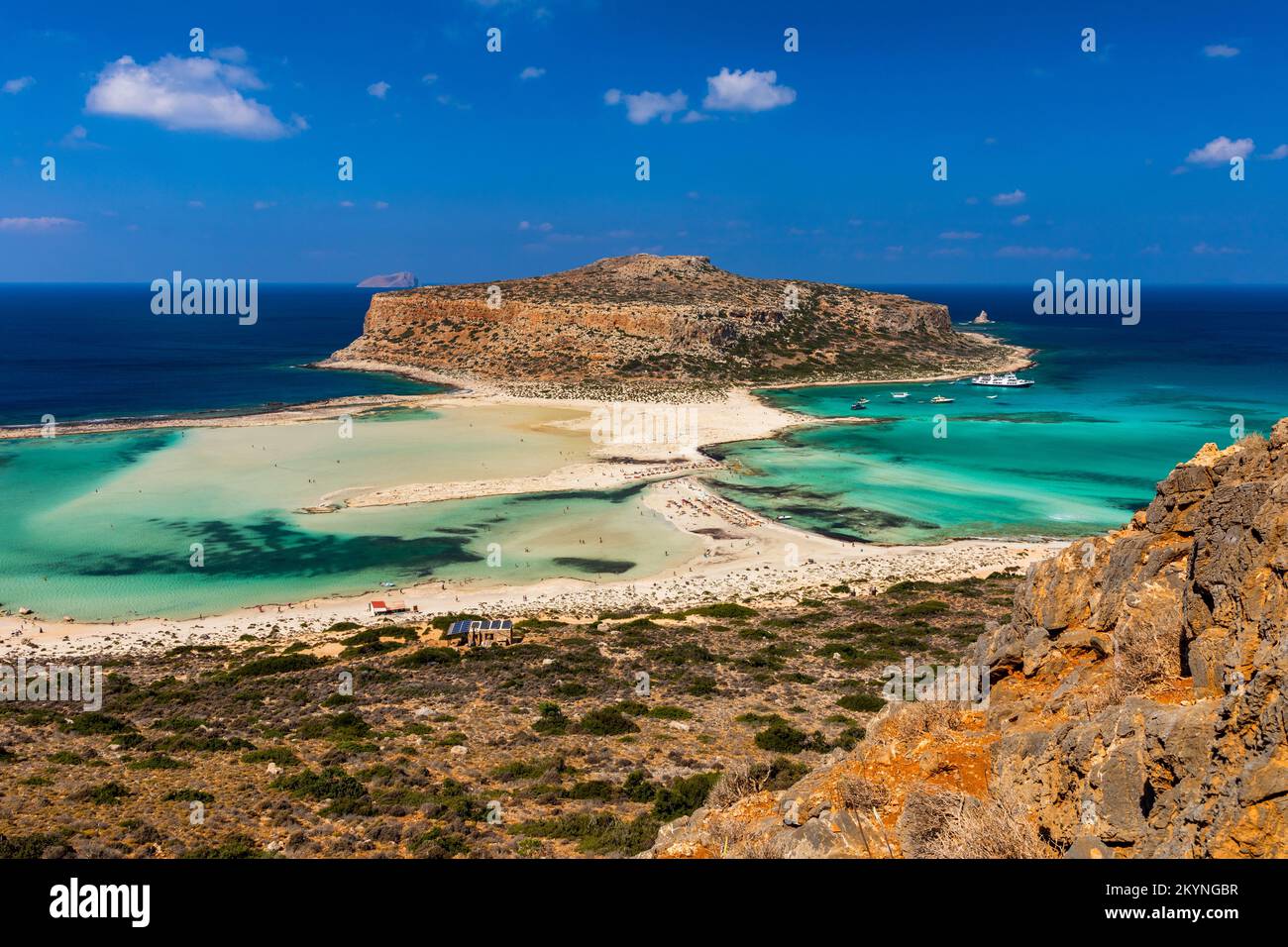Fantastisches Panorama von Balos Lagune und Insel Gramvousa auf Kreta, Griechenland. Cap Tigani ...