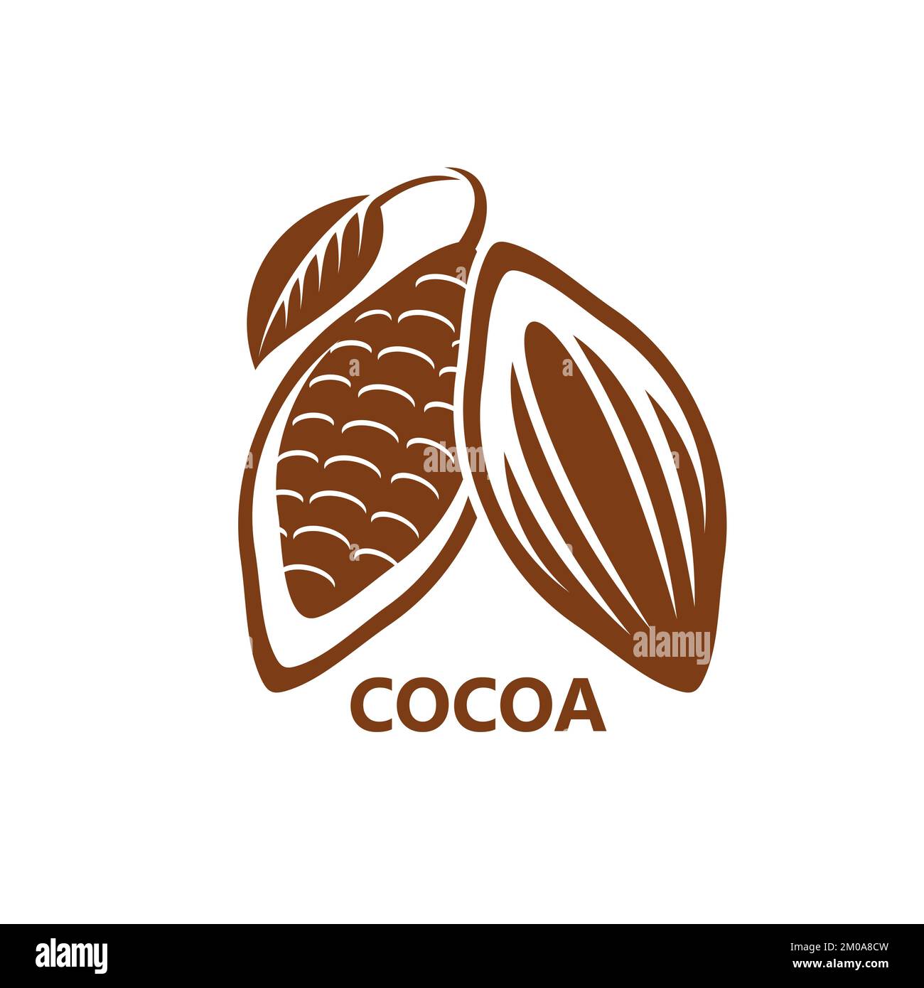 Kakaosymbol, Kakao- oder Schokoladenbohnen mit Blättern, Vektorzeichen ...