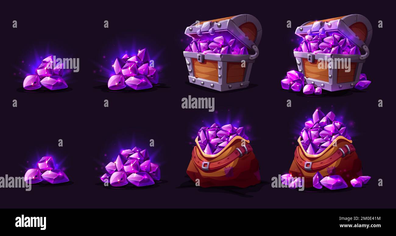 Spielfiguren mit Schatztruhe und Tasche mit Amethyst-Kristallen ...