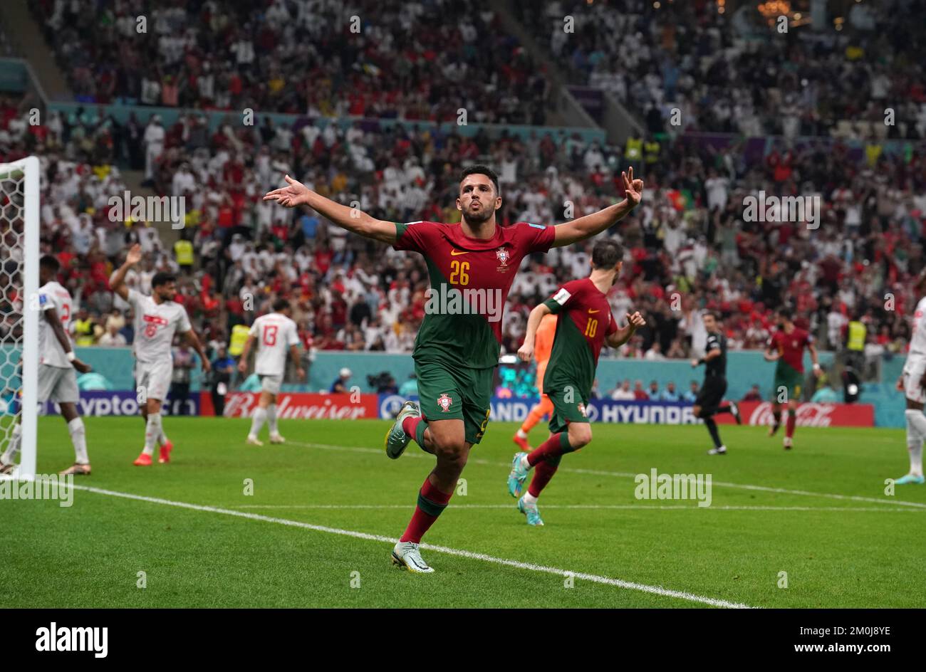 Portugals Goncalo Ramos feiert das fünfte Tor seiner Seite des Spiels und vervollständigt damit ...