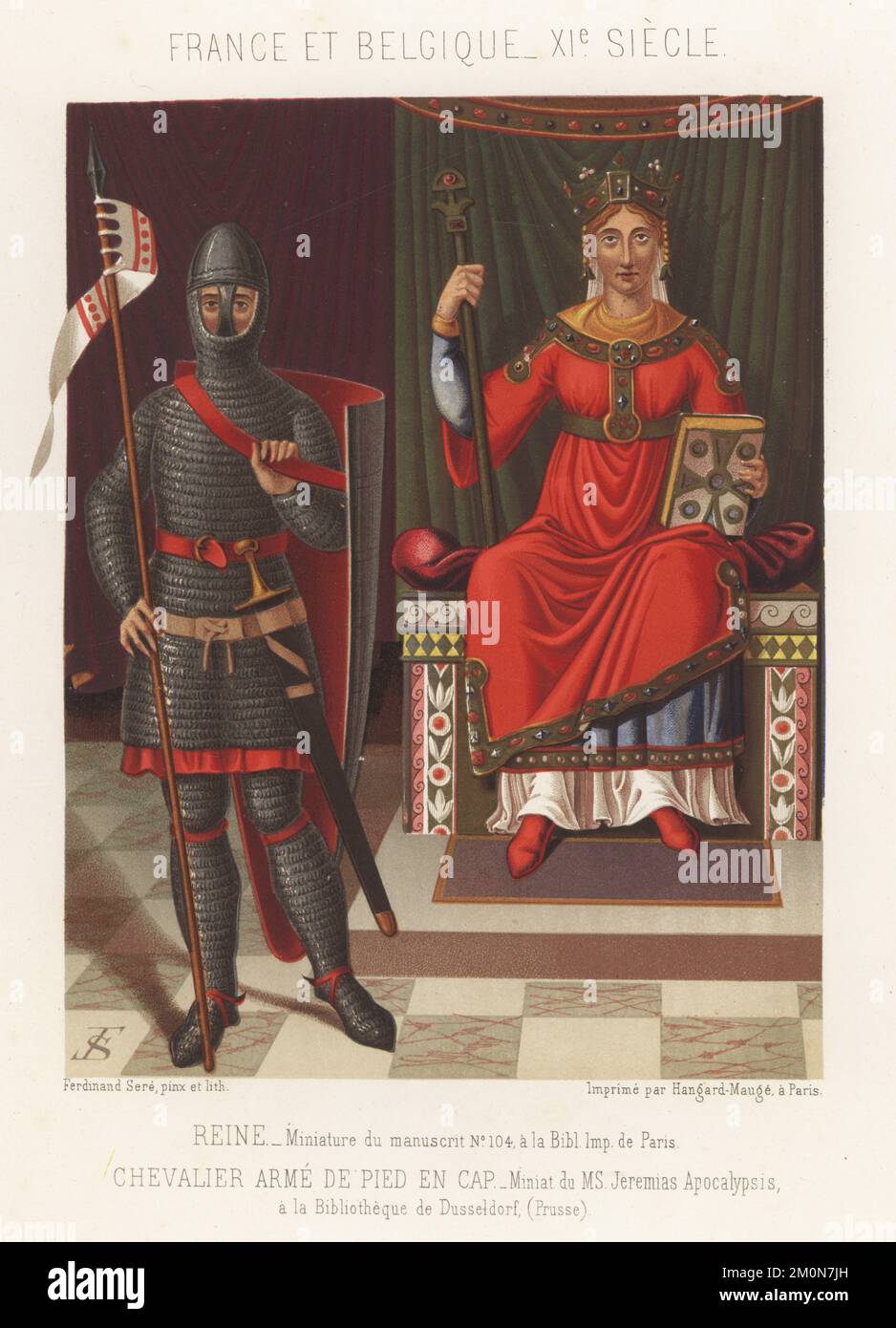 Königin auf dem Thron mit Juwelenkrone, Bibel und Zepter, aus einer ...