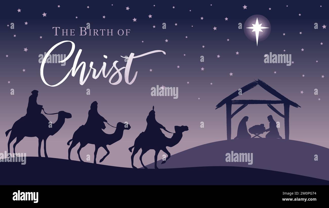 Geburtsszene - Silhouette Jesus in Krippe, Weisheit und Bethlehem-Star. Drei Könige, Kamele ...