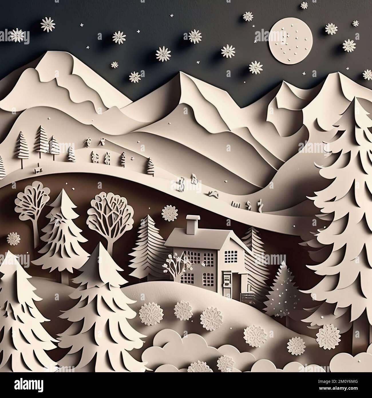 Winterlandschaft mit Schneefall. Weißer Papierschnitt auf grüner ...