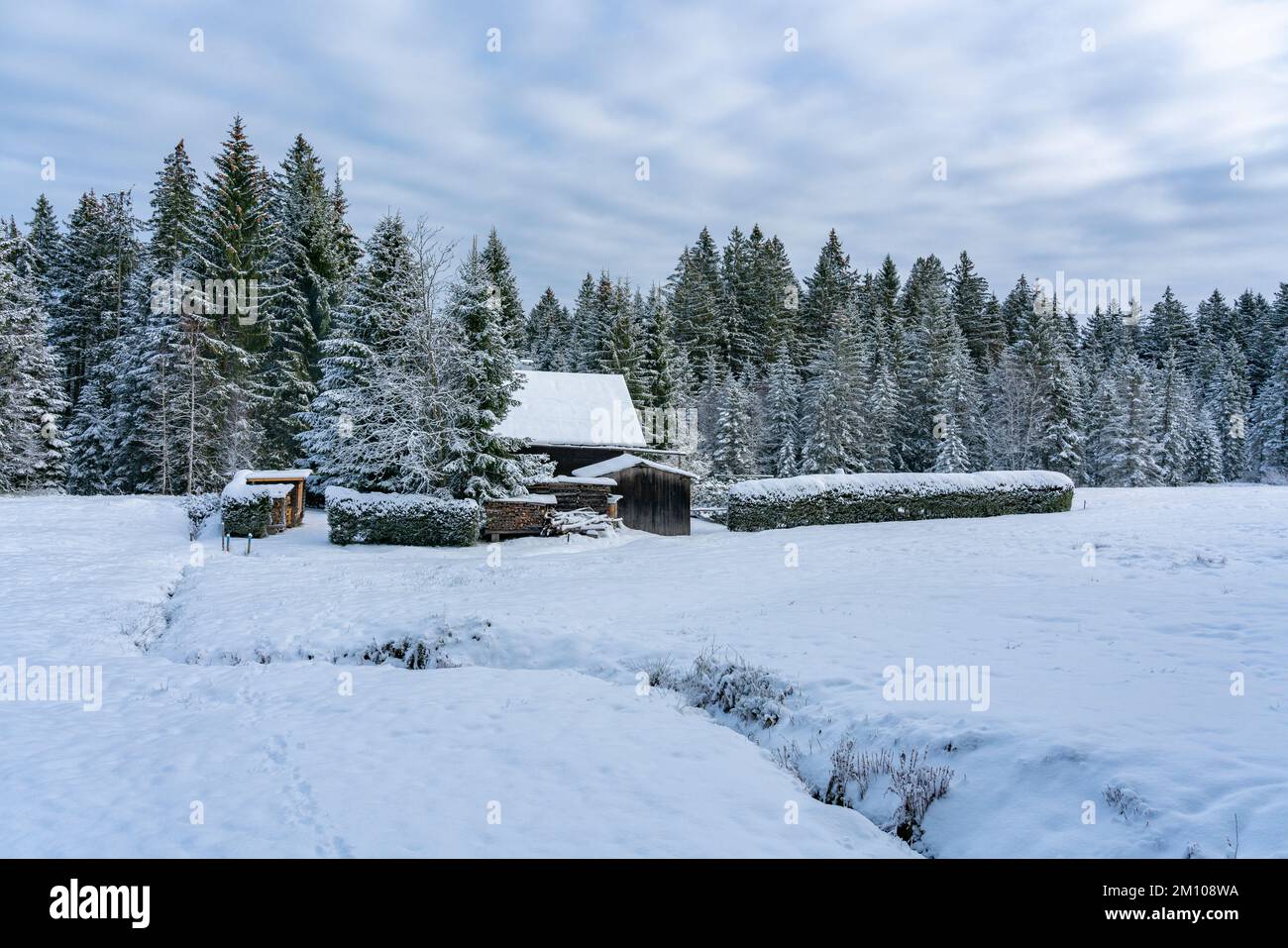 Holzhaus, Ferienhaus am Waldrand auf dem Hügel im ersten Schnee ...