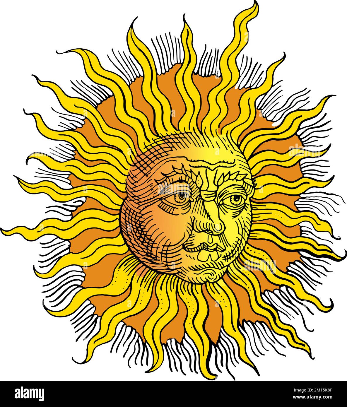 Vintage-Sonne mit Gesicht. Handgezeichnete, gravierende ...