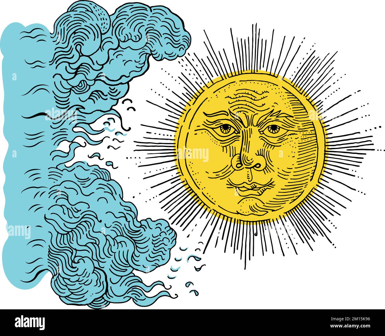 Klassische Sonne mit Gesicht und Wolken. Handgezeichnete Gravur ...