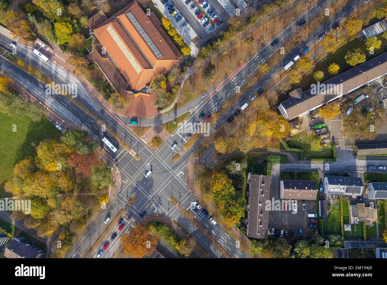 Luftaufnahme, Kreuzung Sandstraße und Konrad-Adenauer-Allee mit roter ...