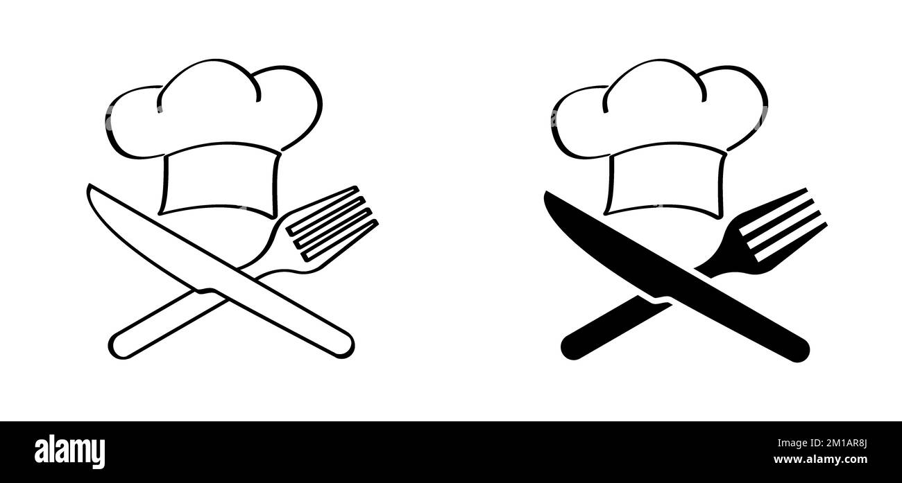 Gekreuztes Besteck, Teller, Gabel und Messer. Zeichentrickfilm mit Kappensymbol. Küchenkoch oder ...