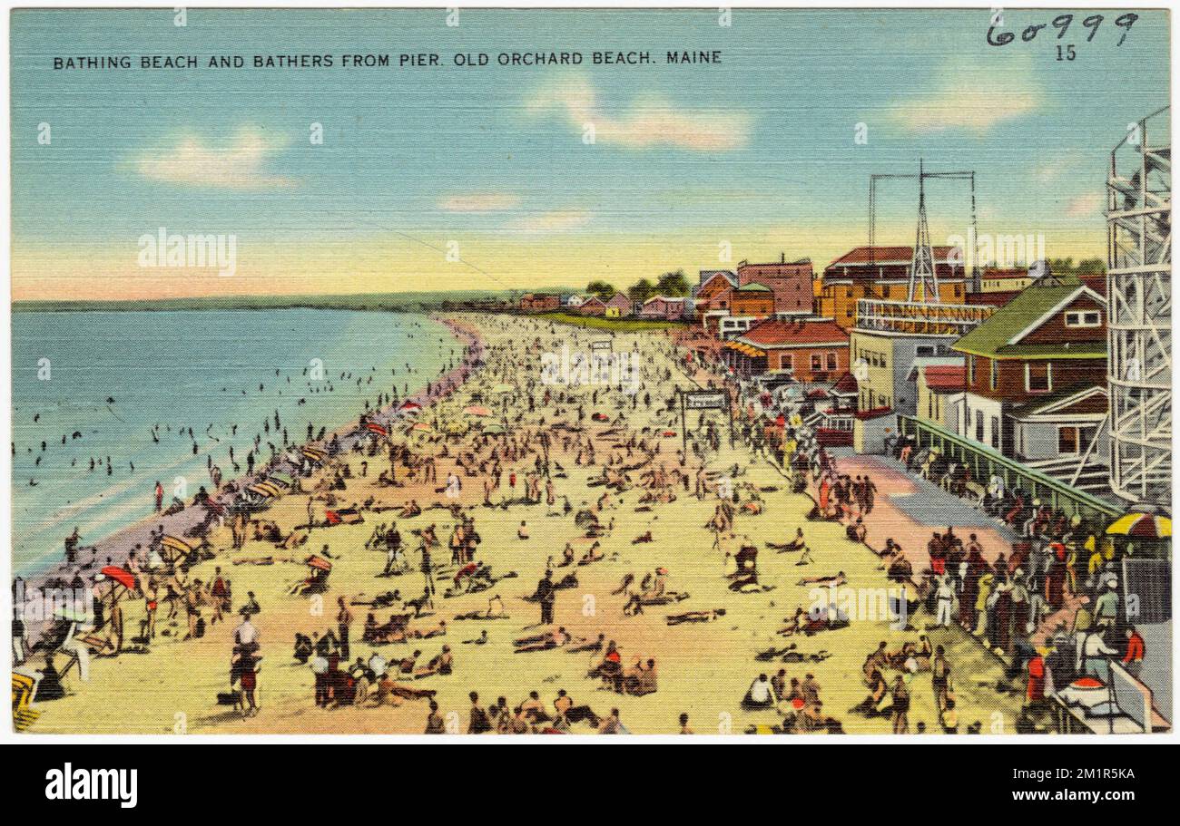 Badestrand und Badende vom Pier, Old Orchard Beach, Maine , Strände ...