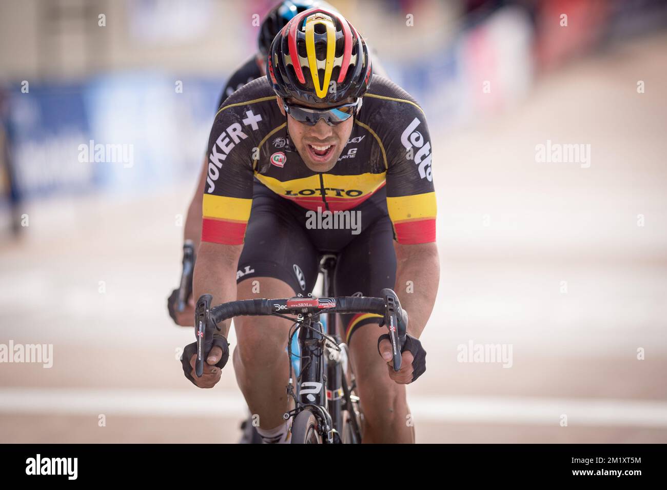 Belgisch Jens Debusschere von Lotto - Soudal auf der Roubaix-Radstrecke ...